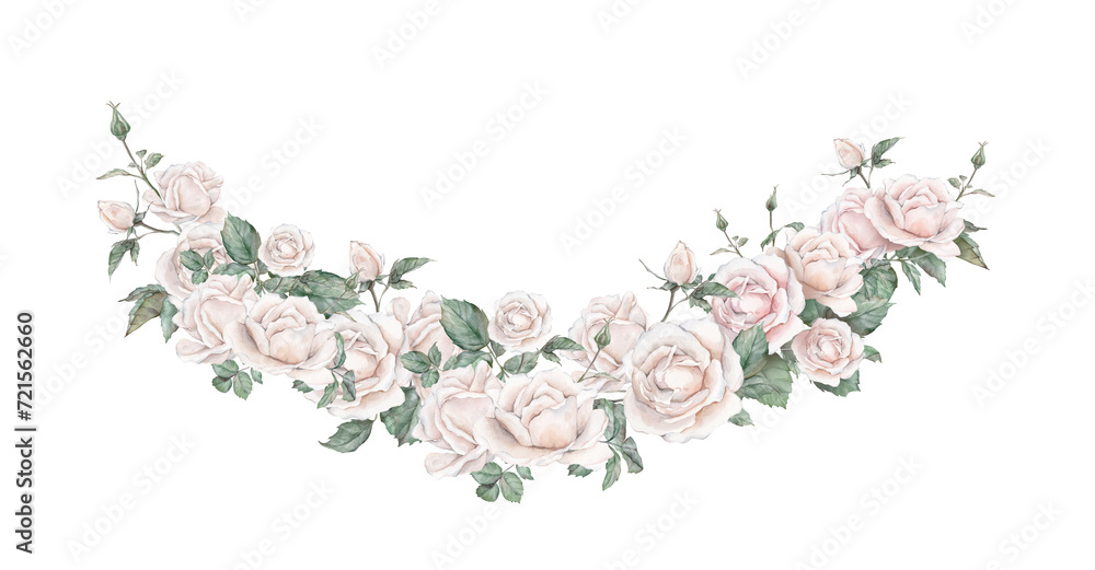 Watercolor frame illustration white cream rose and green leaves ...