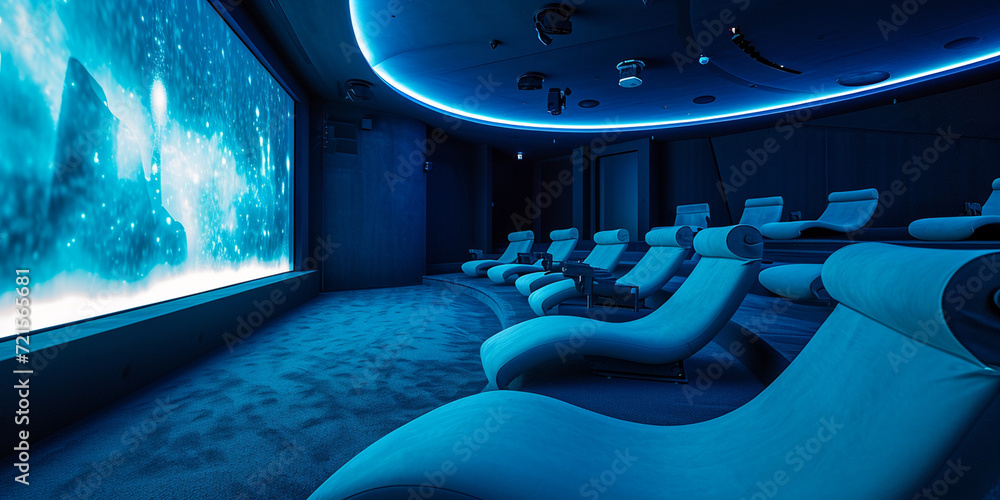 3d Rendering Of Rows Of Blue Soft Chairs In A Stunning Movie Theater ...