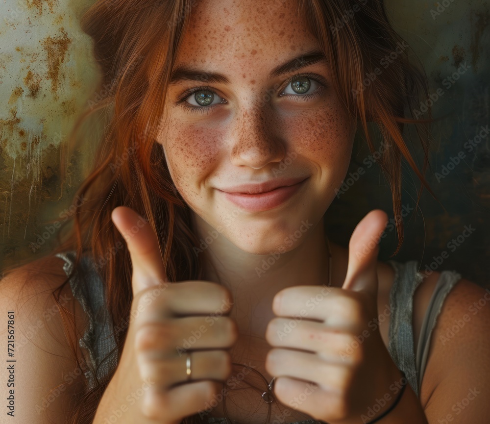 a woman with freckled hair giving a thumbs up sign in front of a rusted ...