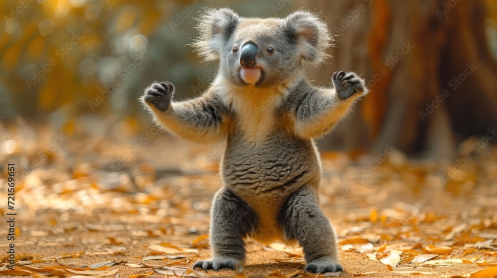 a small koala standing on its hind legs with its paws in the air and it ...