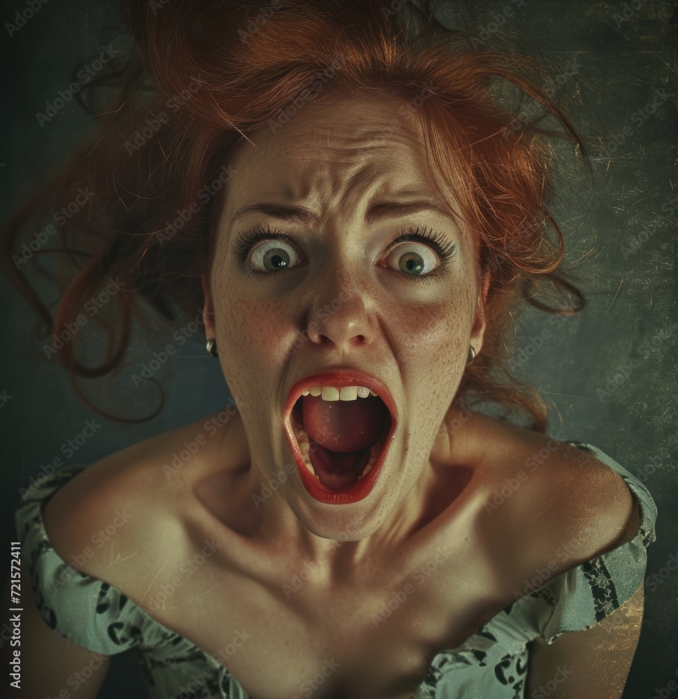 a woman with red hair is making a face with her mouth wide open and a ...