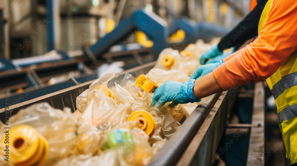 Manual sorting of waste on a conveyor belt at a recycling plant. Stock ...