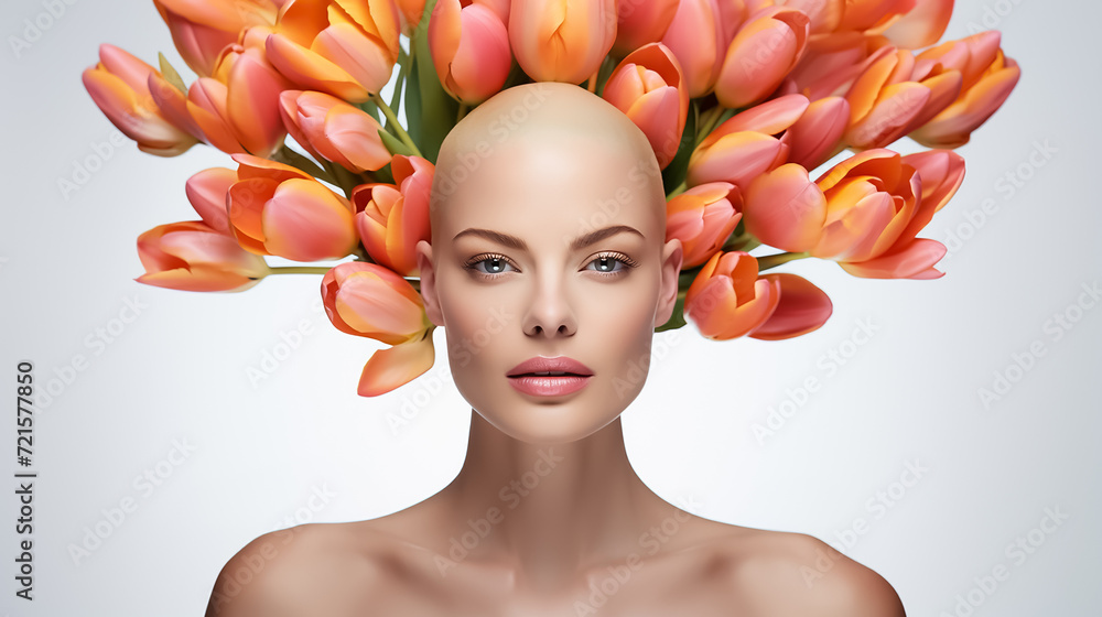 Beautiful young woman with bald head after chemotherapy on isolated white background with orange ...