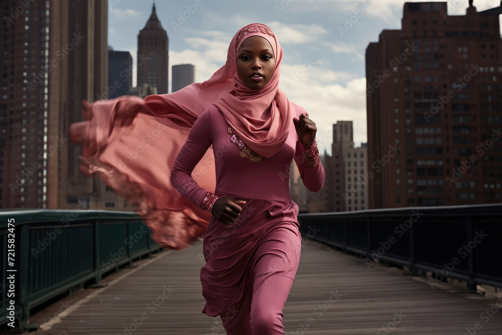 Beautiful black skin hijab muslim woman running away over blurred city ...