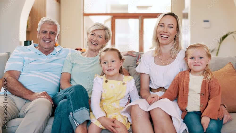 Grandparents, parents and children on sofa in home for bonding ...