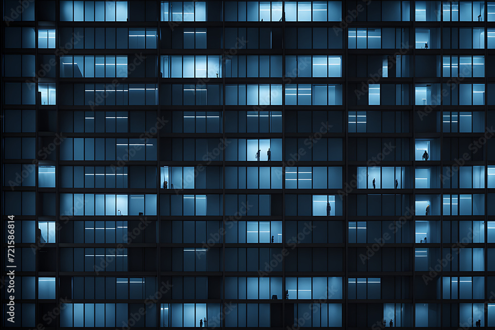 office building in night, seamless skyscraper facade with blue tinted ...