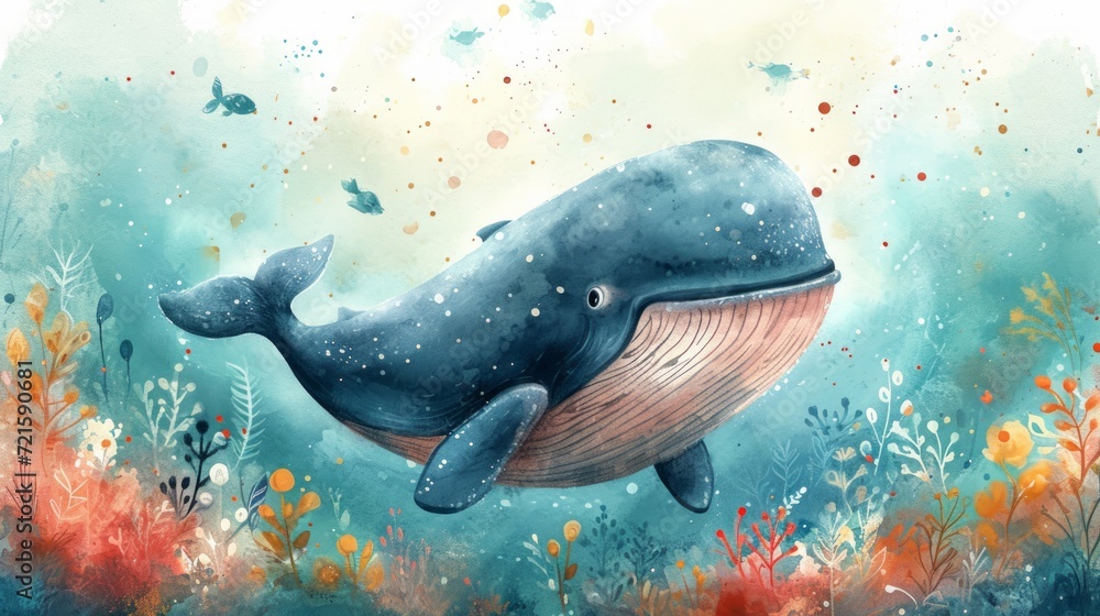 Cute whale watercolor illustration. Watercolor painting of whale. Clip ...
