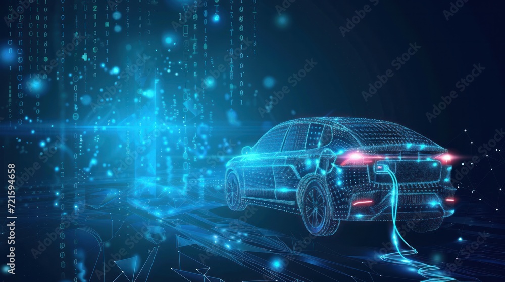 Future EV car electric plug and battery charger blue abstract digital ...