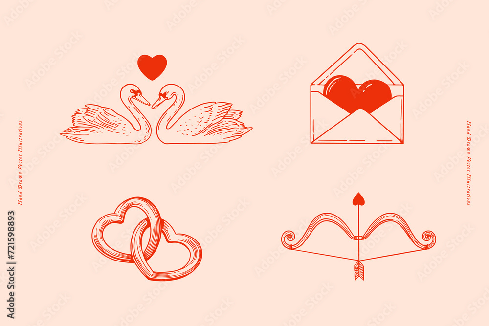 Set of strong love and romance symbols in linear style. A love letter ...