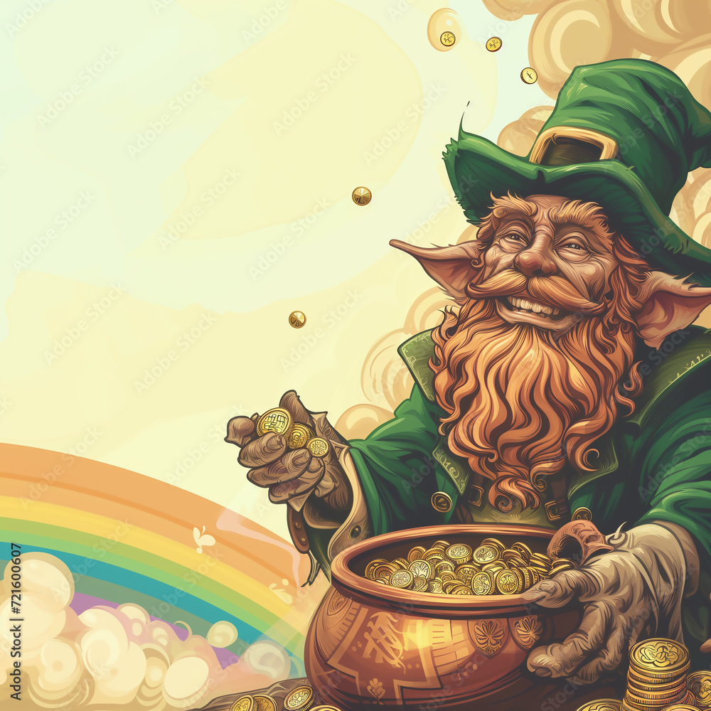 Leprechaun, vieux farfadet roux poilu habillé de vert avec son chaudron ...
