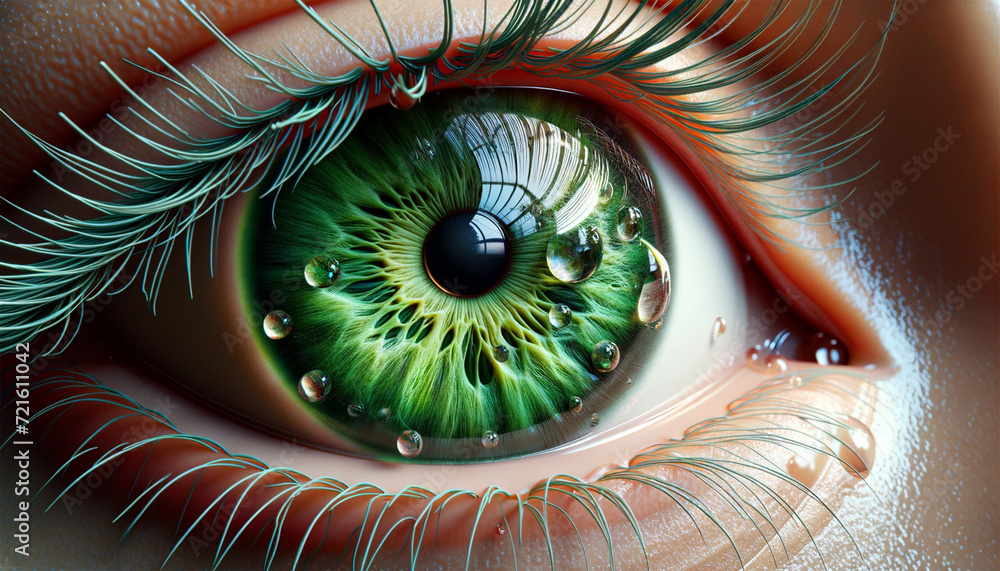 Green eye with raindrops. Creating a close-up of a green human eye with ...