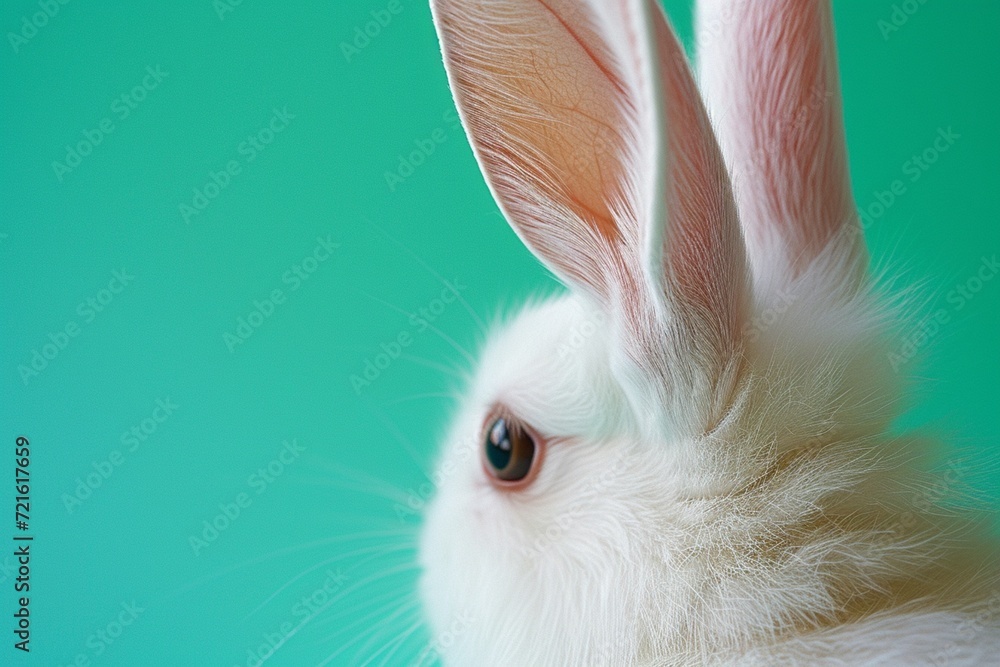 a white rabbit ear, upright and detailed, against a pastel emerald ...