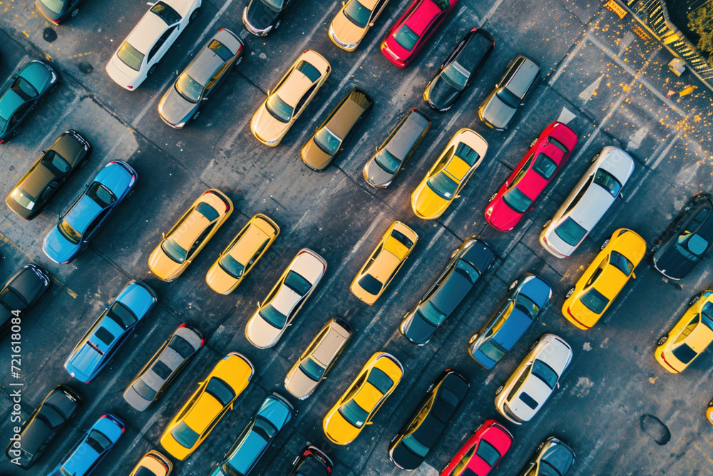 Top aerial view of many different cars standing in rows in parking lot ...