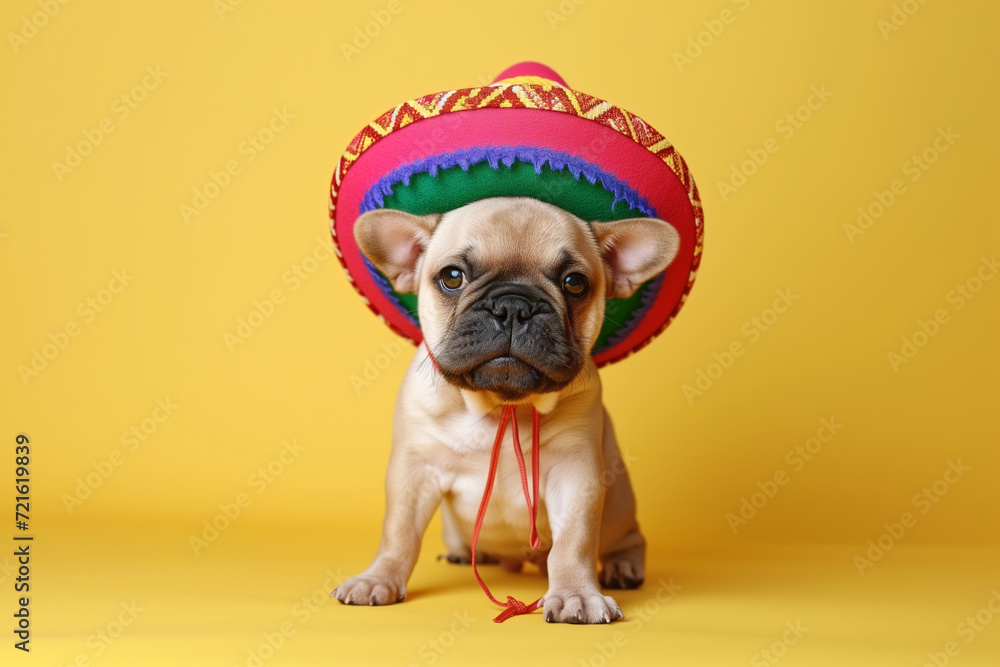 dog wearing sombrero sun hat on yellow background with copy space. Dog ...