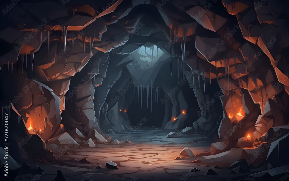 Cartoon cave interior illuminated with sunlight from the ceiling ...