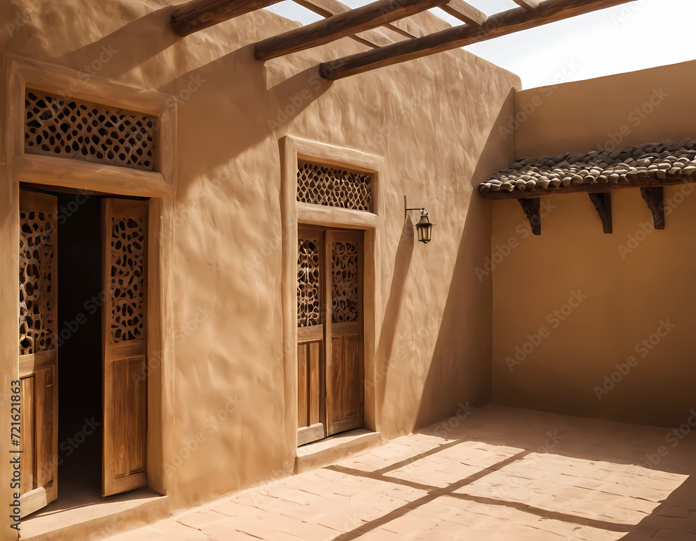 Golden Glow: Sunlit Inner Courtyard of an Ancient Arabian Adobe House ...