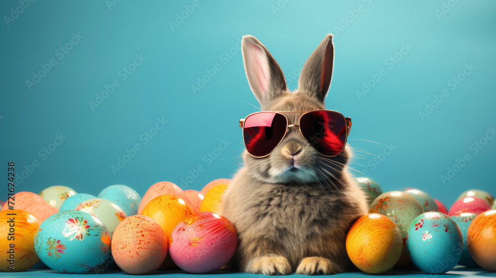 Cute Easter bunny rabbit in cool sunglasses with colorful easter eggs .Easter egg hunt concept ...