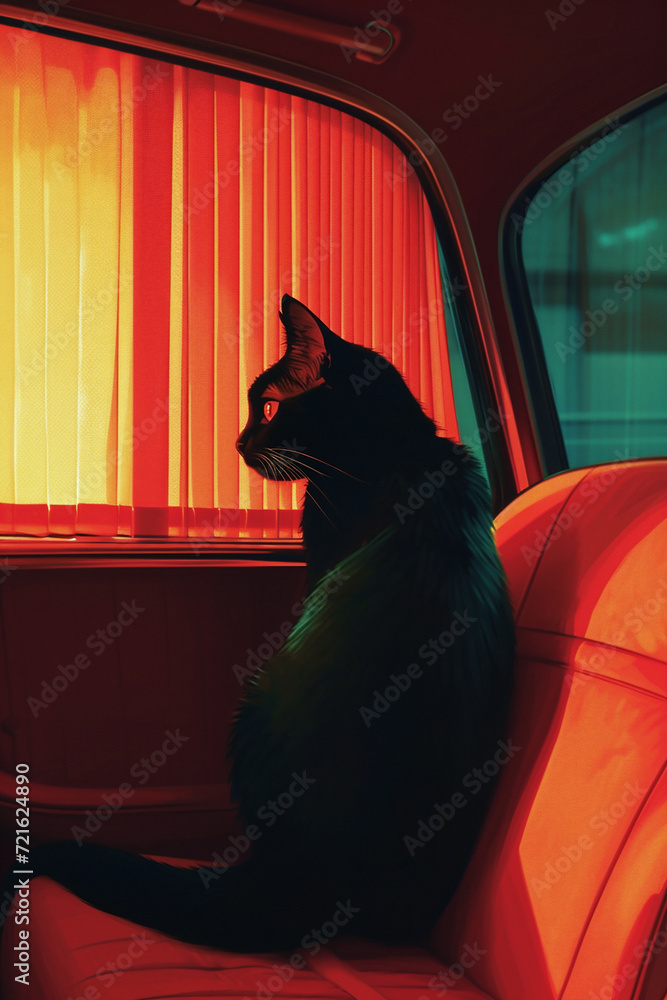 Cinematic scene featuring elegant black cat looking out of window of ...
