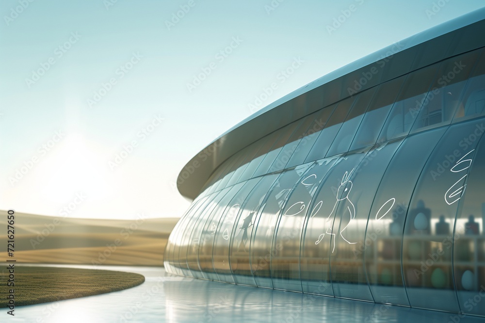 A futuristic factory, with a striking, curved glass facade, is ...