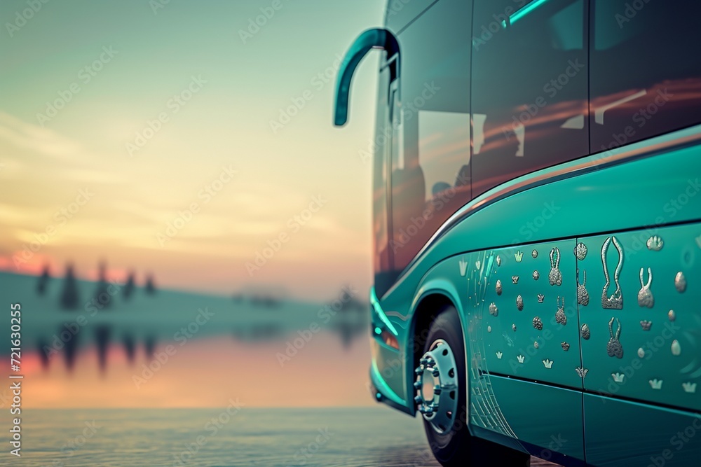 A sleek, modern bus, with a glossy teal exterior, is pictured with a ...