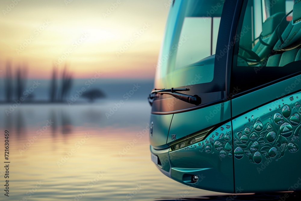 A sleek, modern bus, with a glossy teal exterior, is pictured with a ...