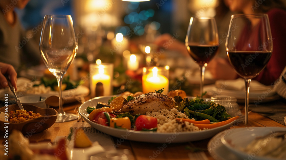 family dinner scene with a focus on a healthy homemade meal, including ...