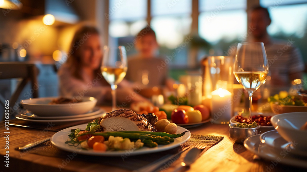 family dinner scene with a focus on a healthy homemade meal, including ...