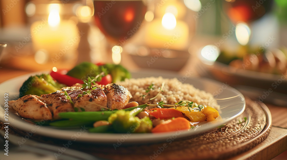 family dinner scene with a focus on a healthy homemade meal, including ...