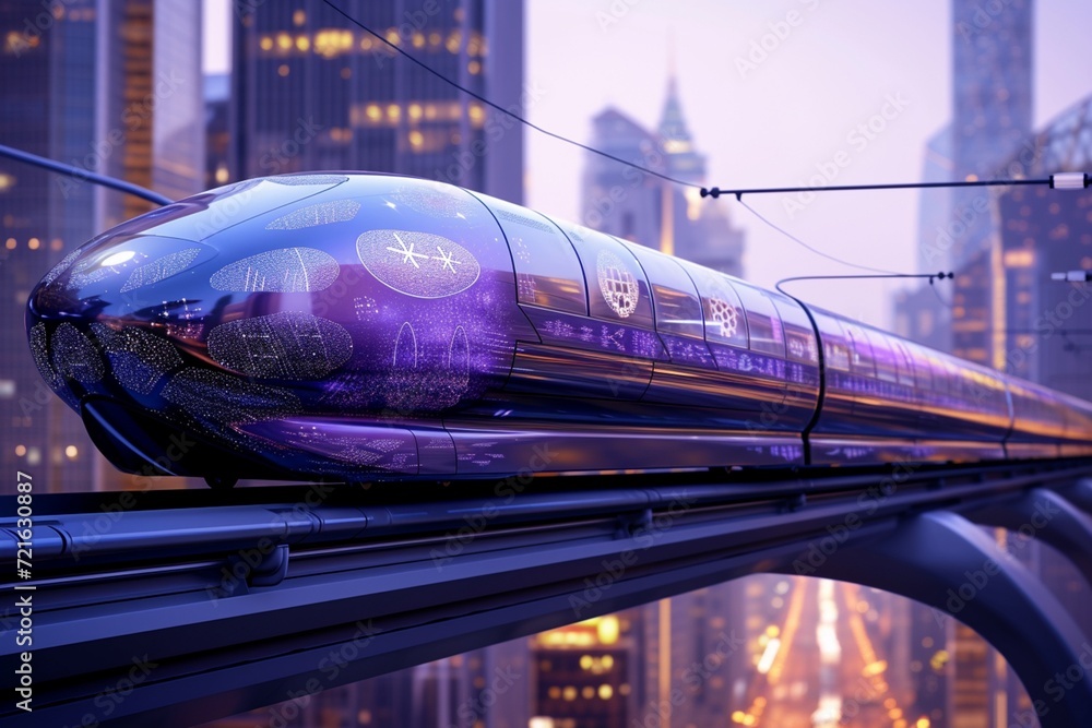 A sleek, monorail train, featuring a striking metallic purple finish ...