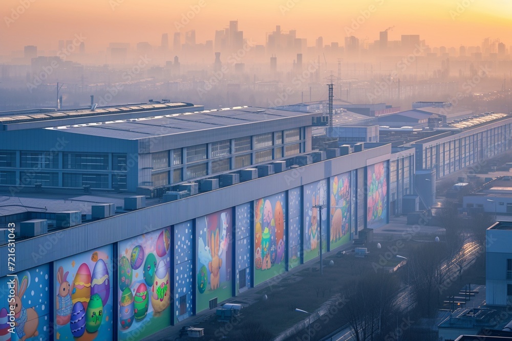 A sprawling industrial factory, with a sleek, modern design, stands of ...