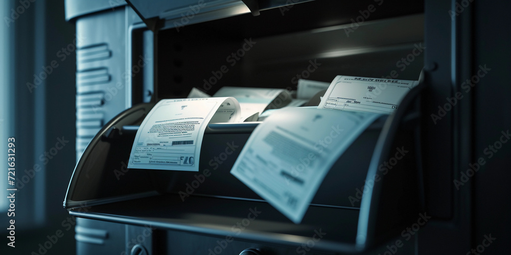 mailbox overflowing with photorealistic medical bills, each bill ...