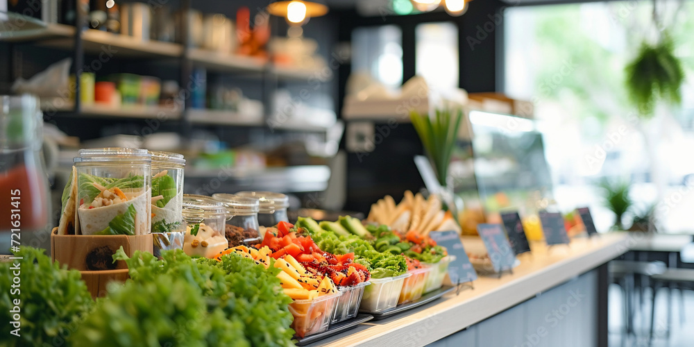 café scene, showcasing a display counter filled with healthy food ...