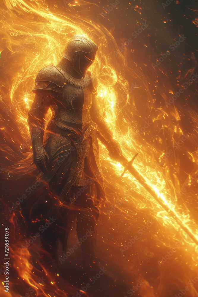 An armored warrior with a fiery sword in the center of a whirlwind of ...
