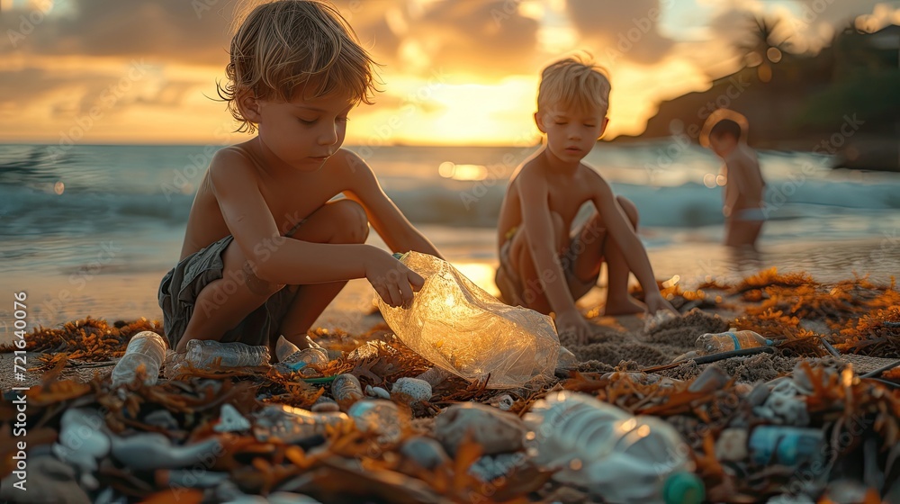 A candid image of children in a beach cleanup campaign, focused on ...