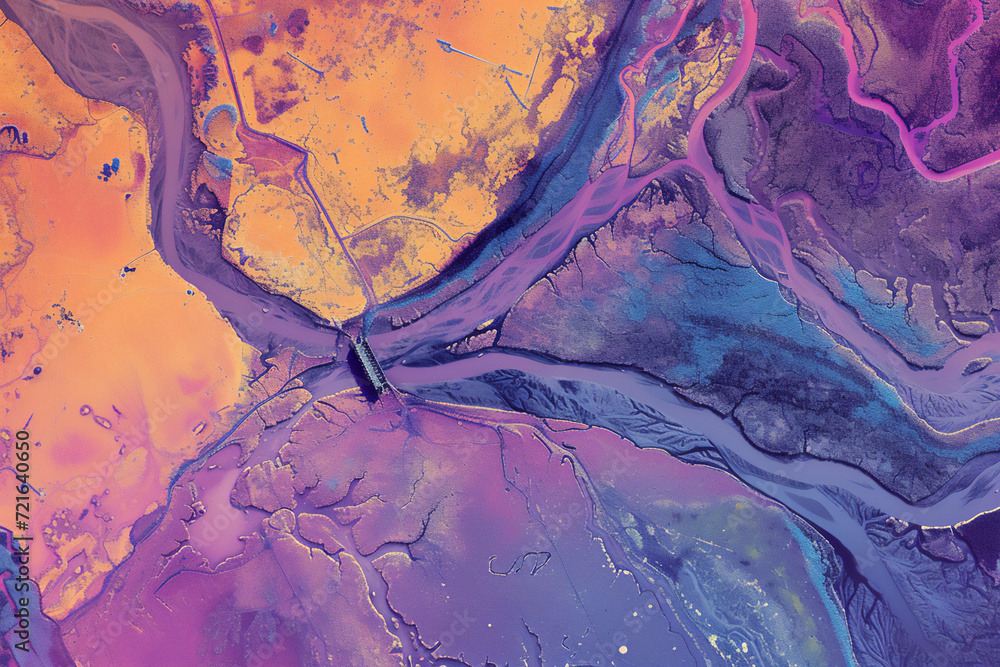 Digital elevation model of a riverway. A meandering and curving river ...