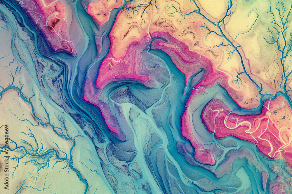 Digital elevation model of a riverway. A meandering and curving river ...