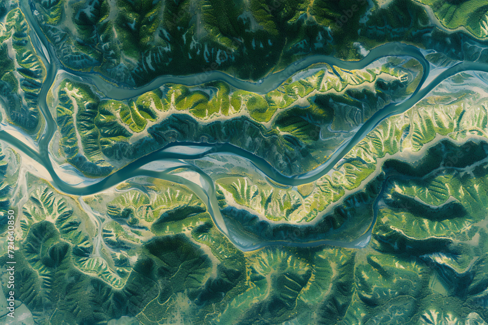 Digital elevation model of a riverway. A meandering and curving river ...