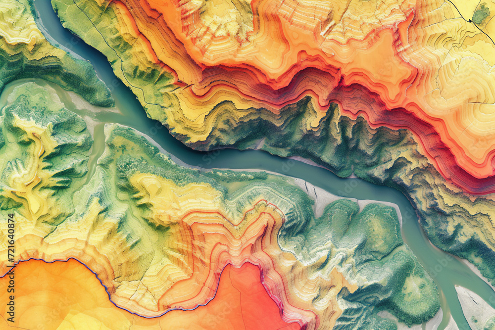Digital elevation model of a riverway. A meandering and curving river ...