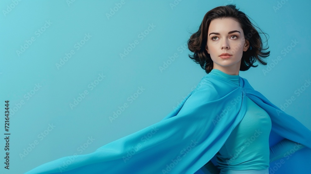 Brave woman keeps arms on hips, smiling confident, casting a superhero ...