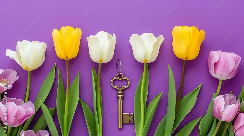 Key ring in the shape of wooden house with key on lilac background and ...