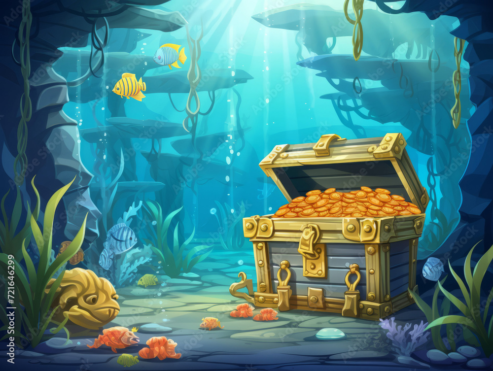 Drawing of a chest with gold coins on ocean floor under water with ...