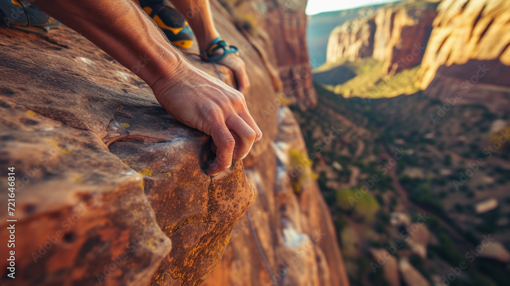 climber's hands gripping a challenging hold on a natural rock face, the ...