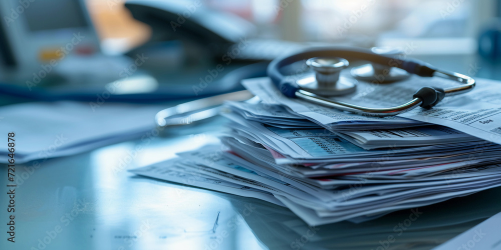 hospital billing desk with a stack of medical bills, close-up view of ...