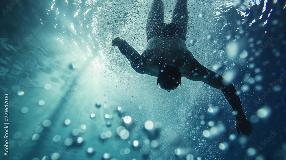 swimmer in mid-stroke in an Olympic-sized pool, bubbles trailing, the ...