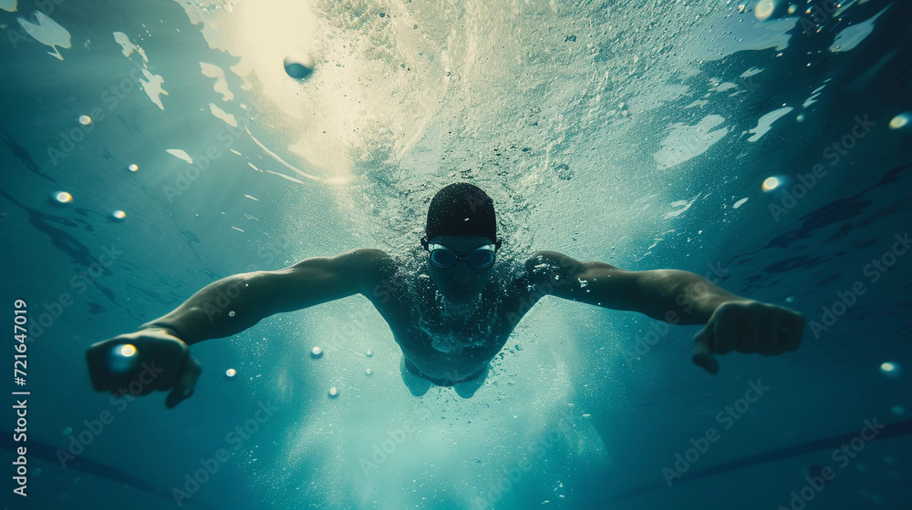 swimmer in mid-stroke in an Olympic-sized pool, bubbles trailing, the ...
