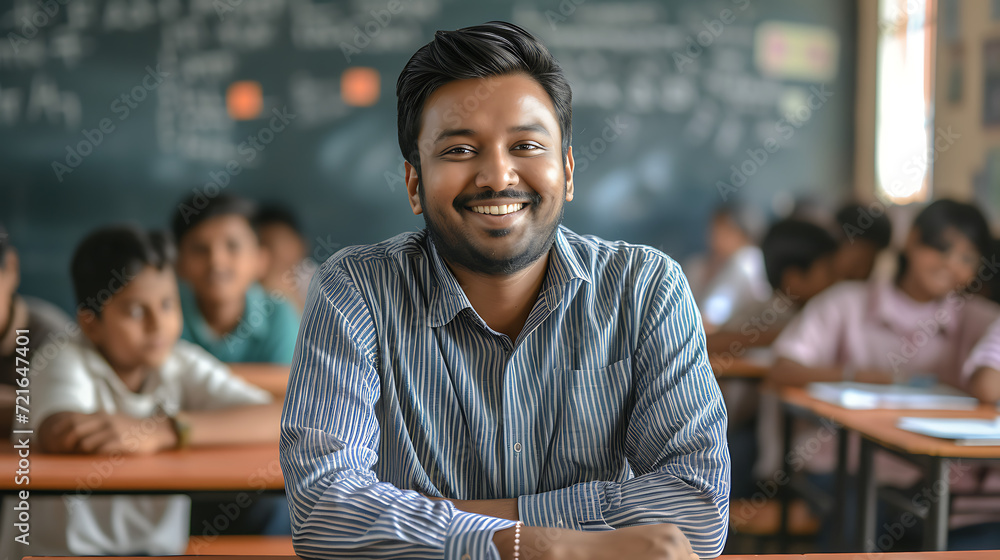 Professional photography of a brunette male Indian school teacher with ...