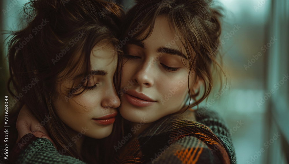 Two women share a tender embrace, their faces pressed close as they ...