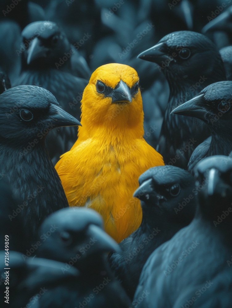 Think and act differently from the crowd. Yellow bird in the middle of ...