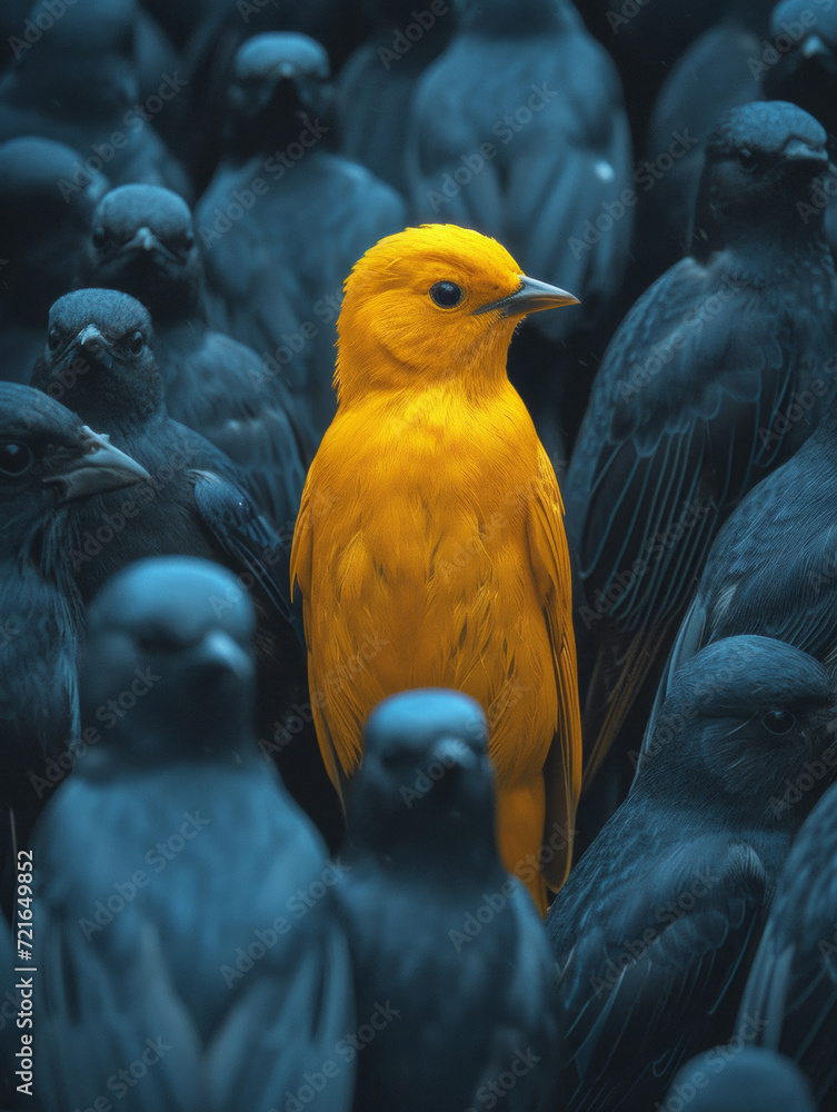 Think and act differently from the crowd. Yellow bird in the middle of ...
