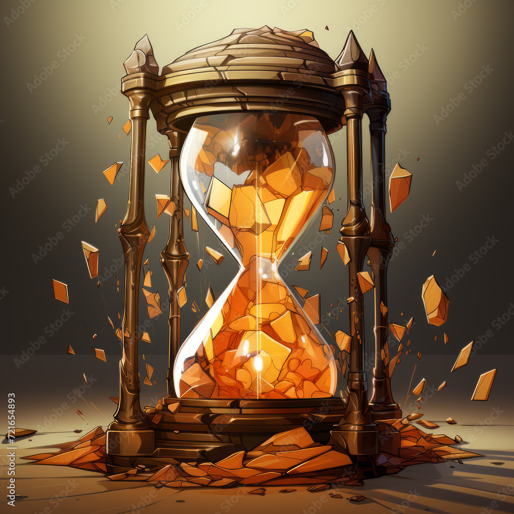 sand clock with cracked glass cartoon cutout style, broken fractured ...